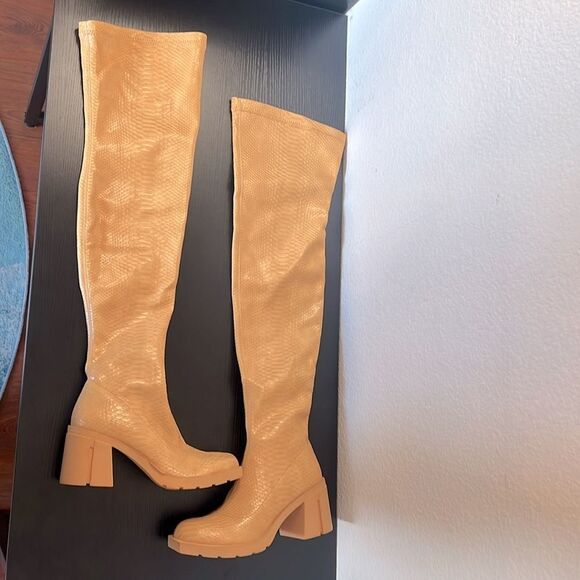 Azalea Wang | Shoes | Azaleawang Peach Colored Faux Snake Skin Thigh High Boots Size 85 | Poshmark
